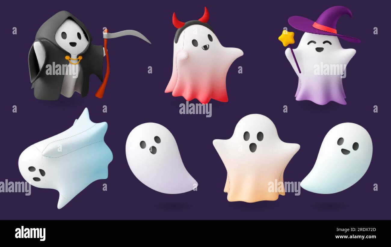 Cute 3d ghosts, render ghost halloween elements. Holiday cute horror characters, death and ...