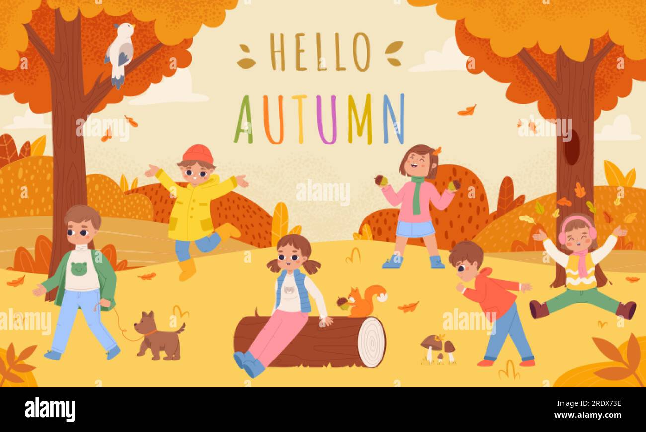 Autumn forest landscape with children. Funny child gathering leaves ...