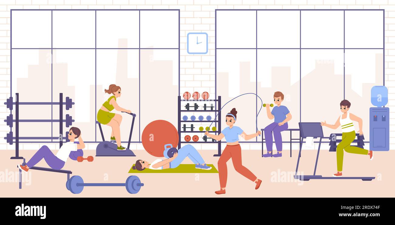 People in gym training sports. Athletic men and women with dumbbells ...