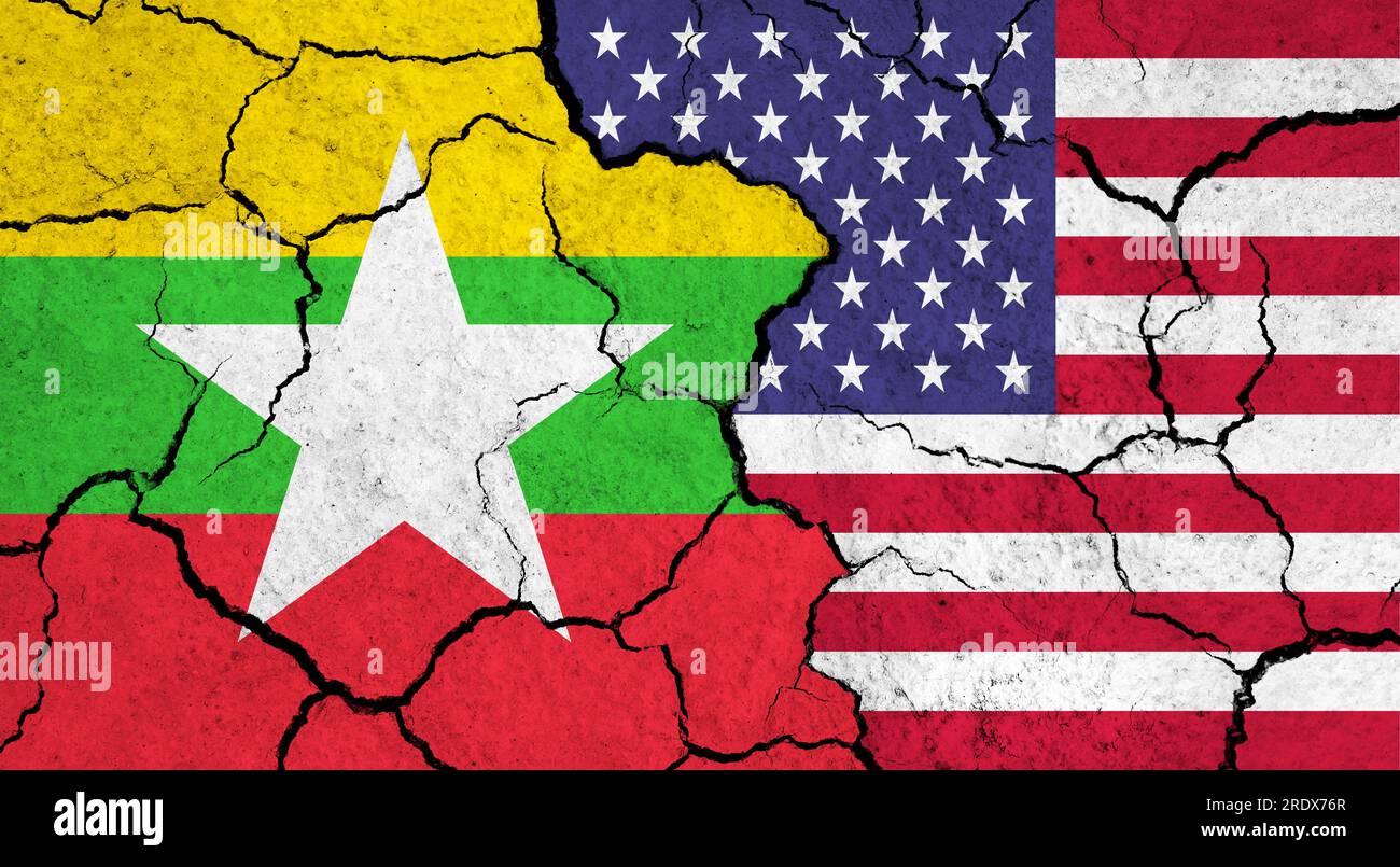 Flags of Myanmar and USA on cracked surface - politics, relationship ...