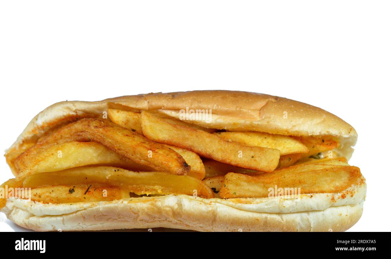 French fries fingers Texas spices sandwich in a long bun, French fries ...