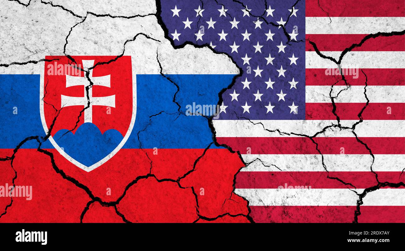Flags of Slovakia and USA on cracked surface - politics, relationship ...