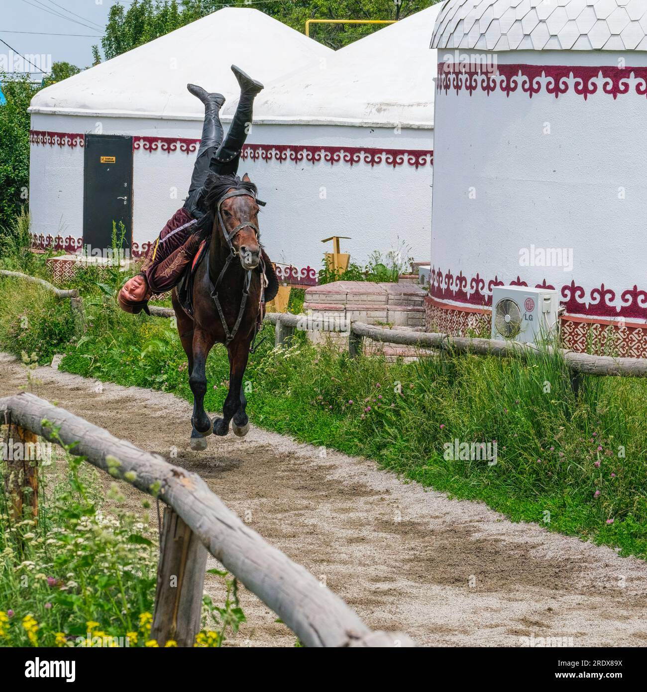 Kazakhstan, Huns Ethno Village. Demonstration of Traditional Kazakh Nomadic Riding Skill Stock ...