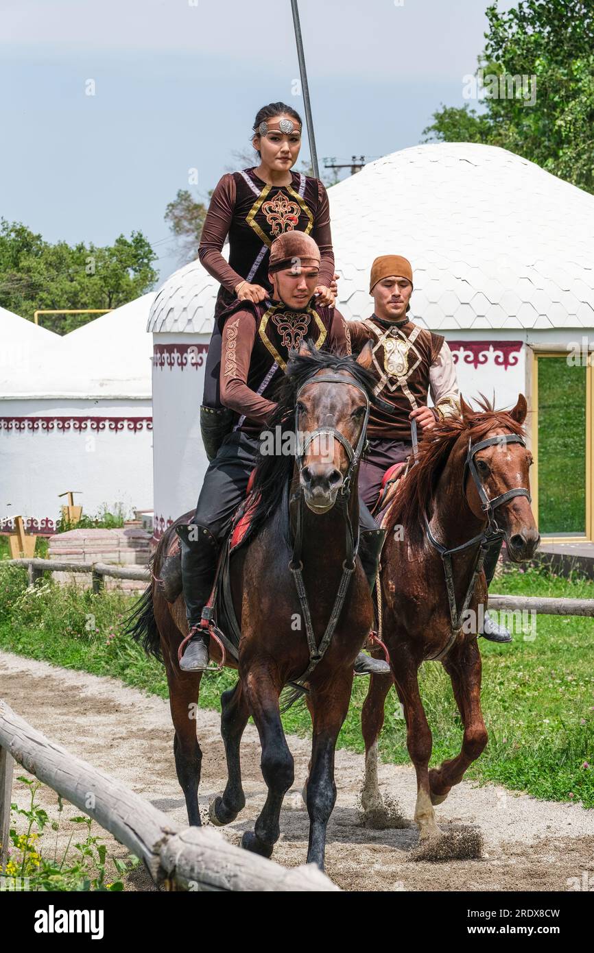 Kazakhstan, Huns Ethno Village. Demonstration of Traditional Kazakh Nomadic Riding Skill Stock ...