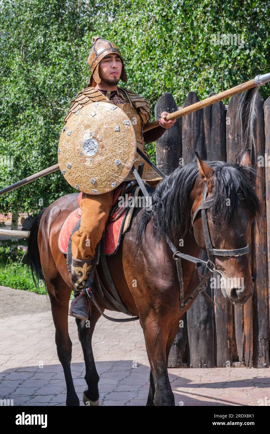 Kazakhstan, Huns Ethno Village. Horseman in Nomadic Costume at Entrance ...