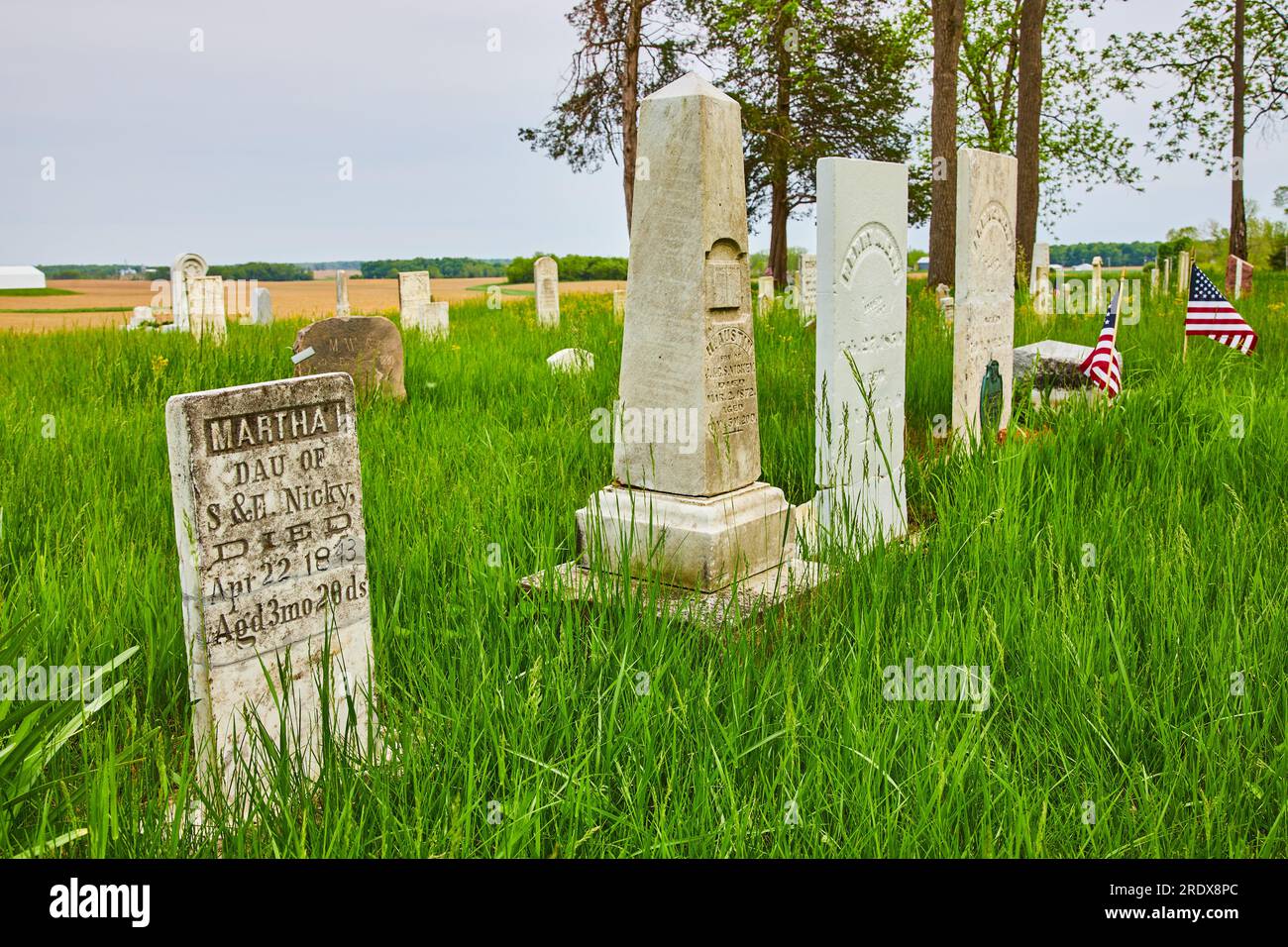 Four large headstones, old, graveyard, summer, memorial, small American ...