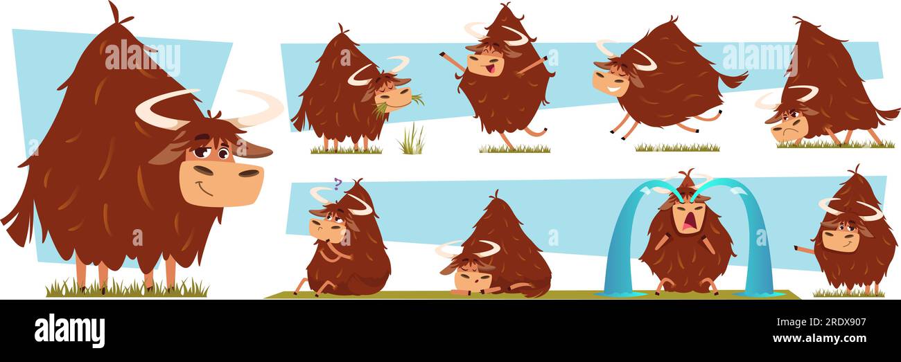 Cartoon yak. Big wild animal with fur cartoon cute bull in different ...