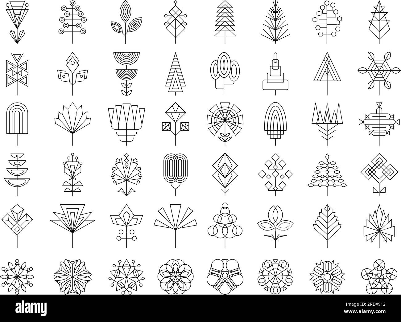 Stylized plants. Flowers leaves and trees geometrical shapes recent ...