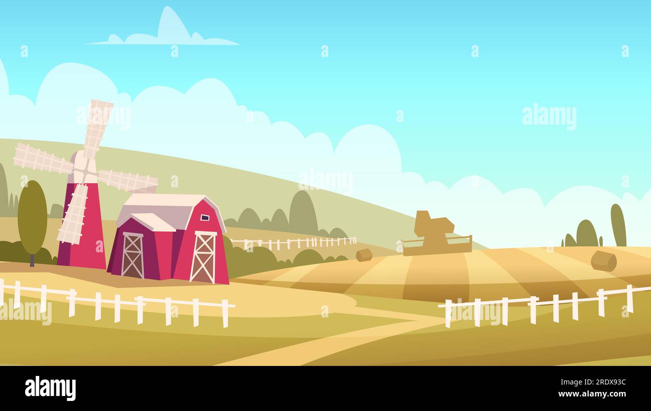 Rural landscape. Windmill and house in village. Vector cartoon ...