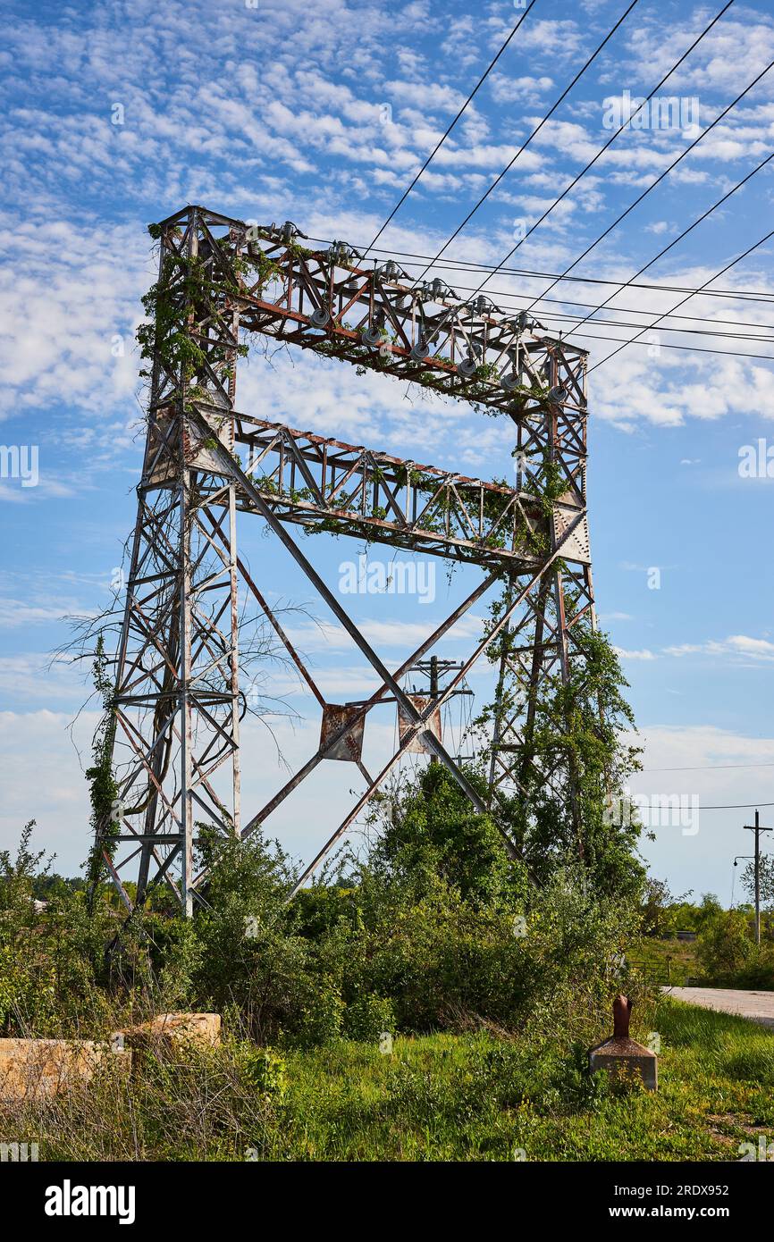 Power, electrical tower power lines, wires, abandoned, decaying, ivy ...