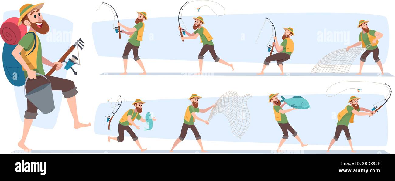 Fishing. Summer hobby outdoor fisherman in action poses exact vector ...