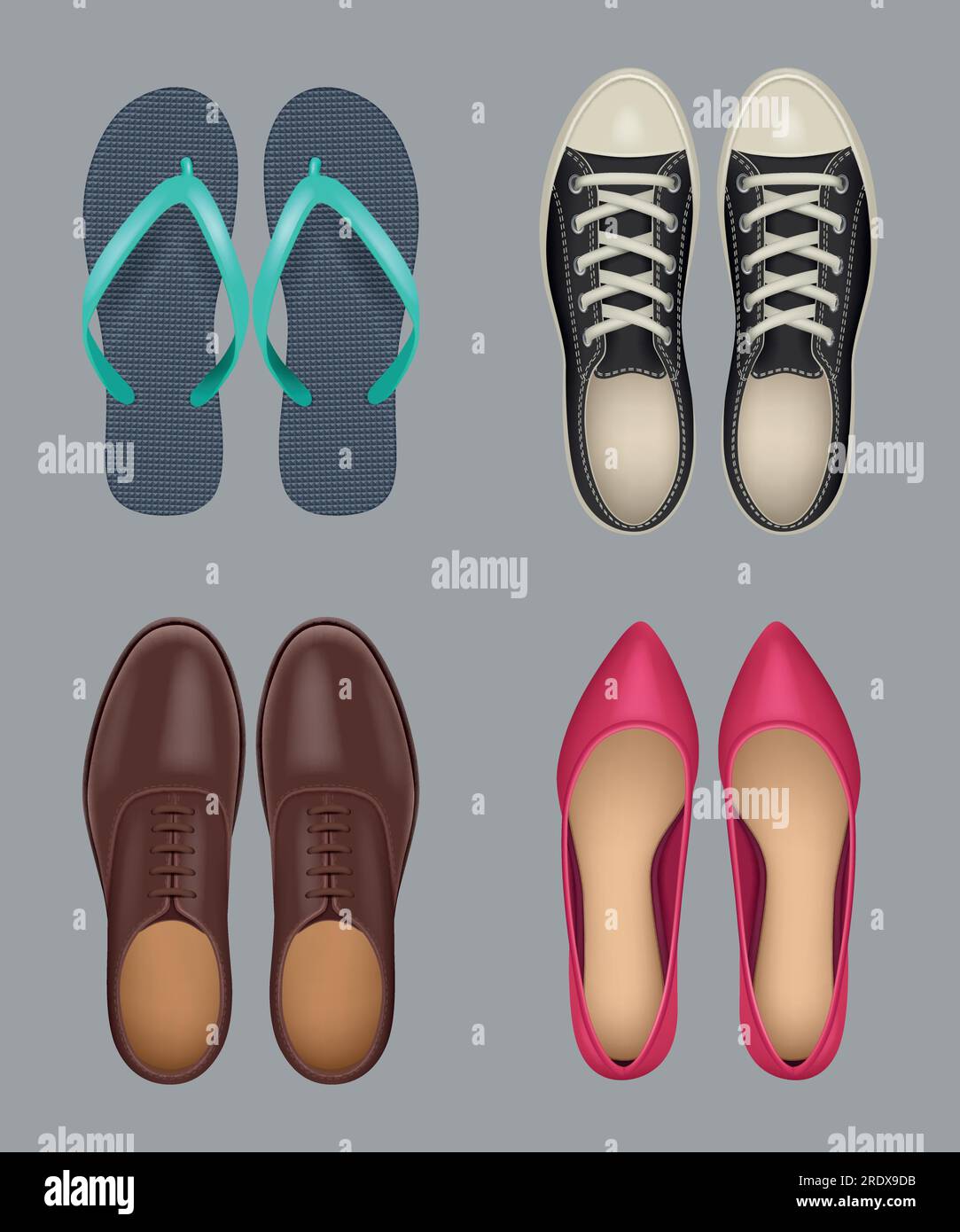Shoes top view. Man and woman different types of paired shoes slippers ...