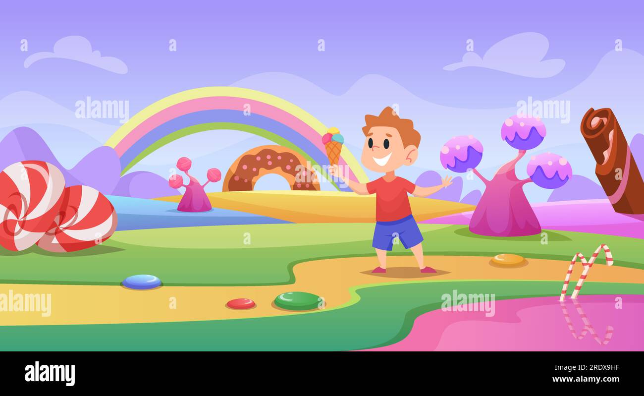 Happy kids. Children eating candy sweets lollipop icecream cupcakes ...