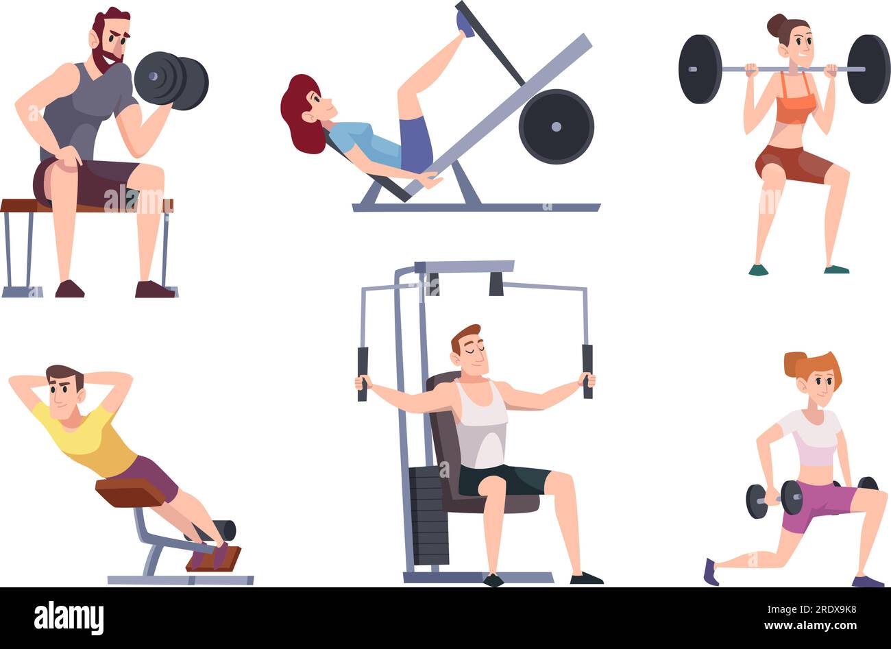 People at gym. Fitness characters workout exercises sport training ...