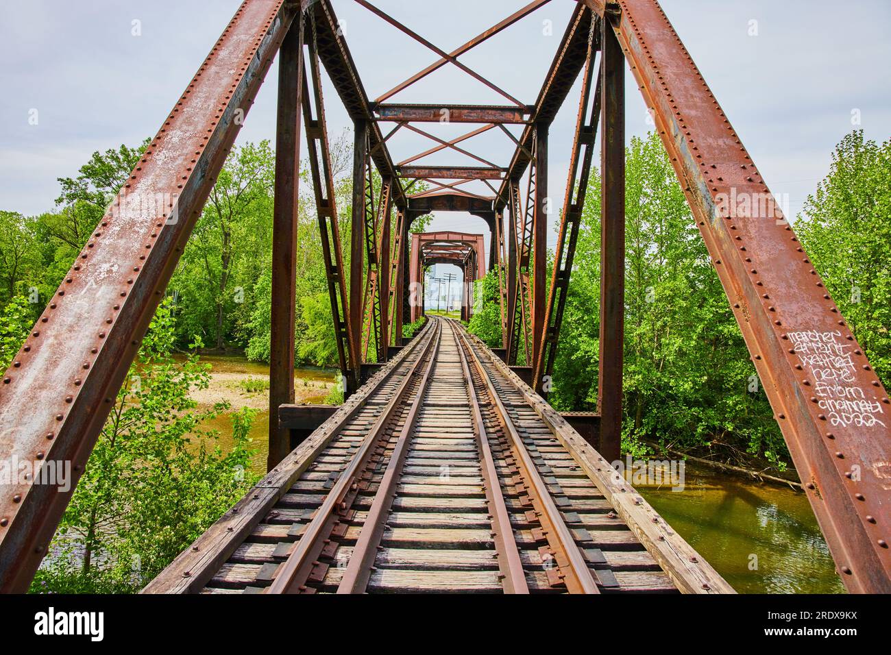 Old railroad bridge with train tracks cutting through trees leading to ...