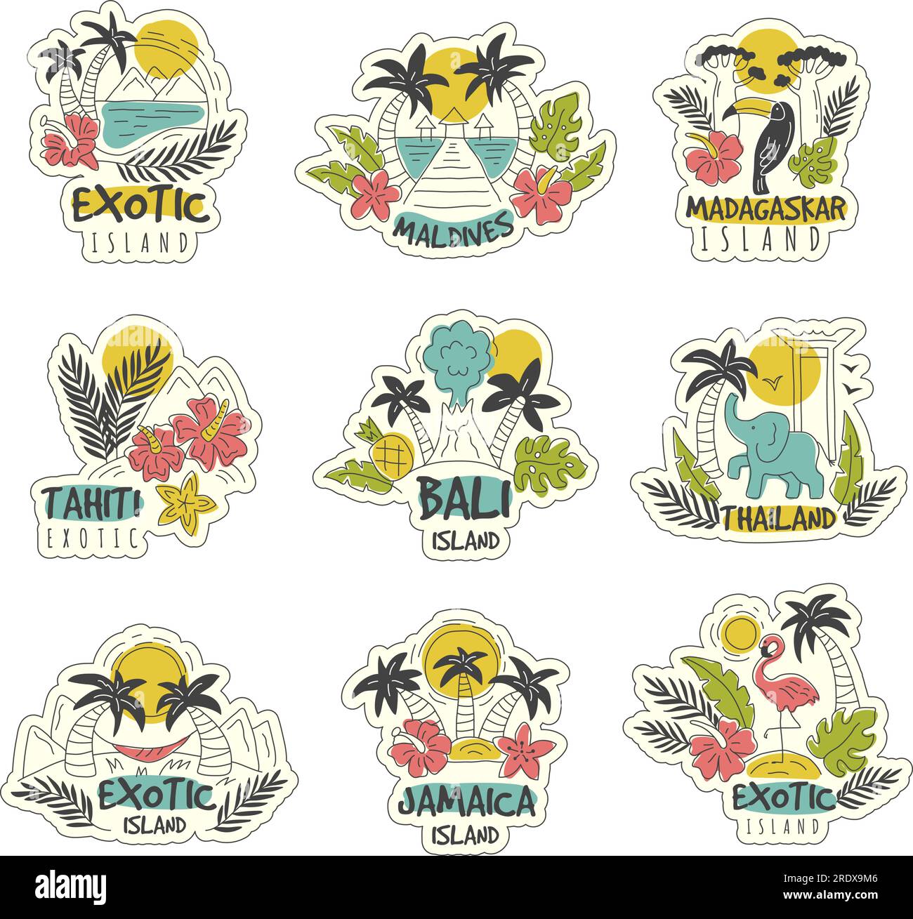 Island logo. Tropical exotic islands relaxed places in jungle with ...