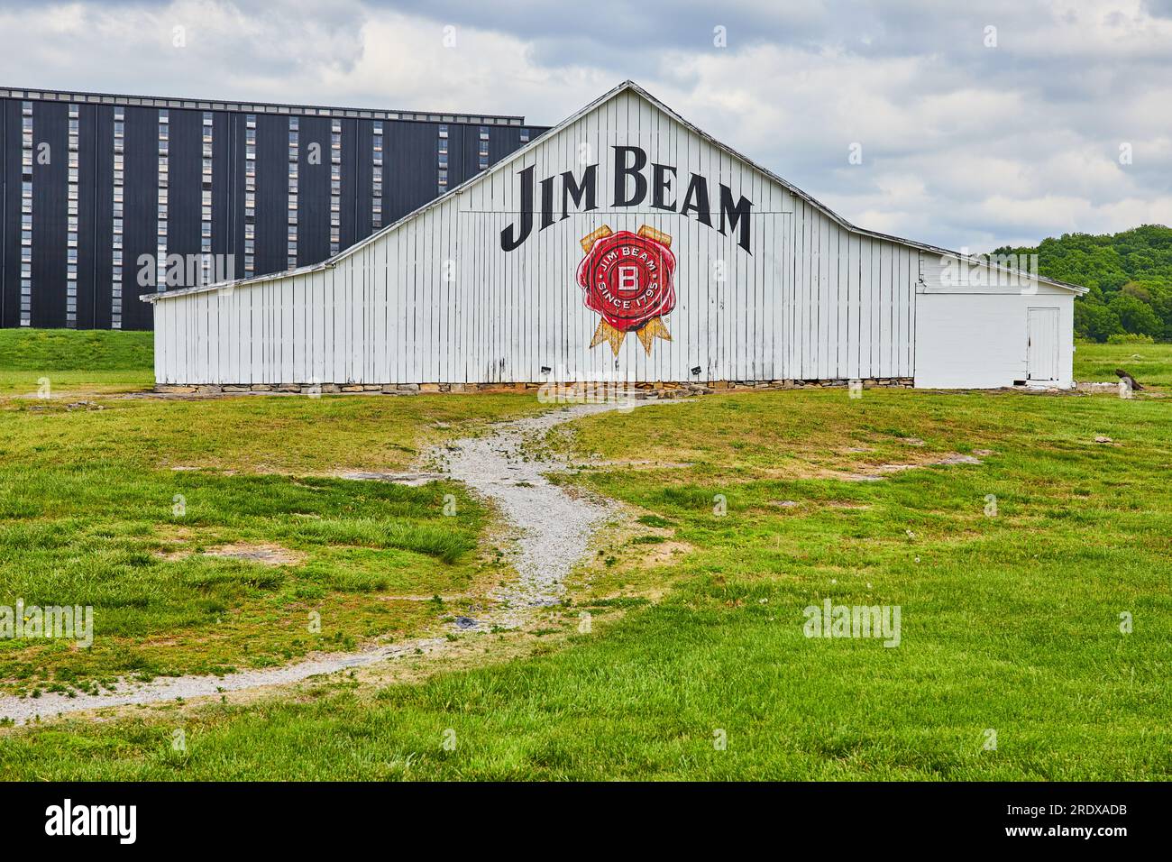 White building with Jim Bean and logo on front for the rickhouse ...