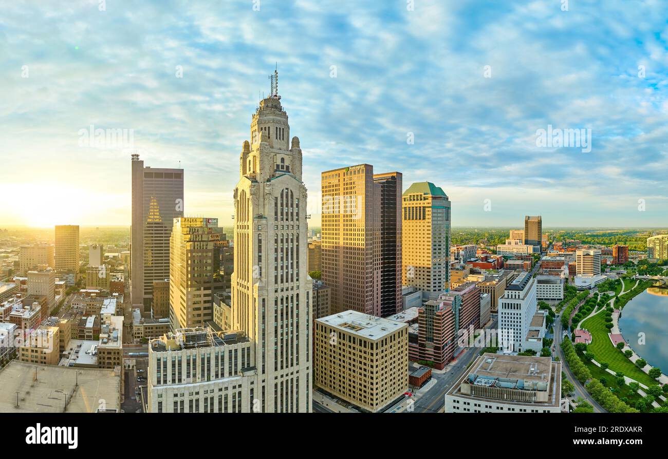 Panorama aerial sunlight at sunrise striking iconic skyscrapers in ...