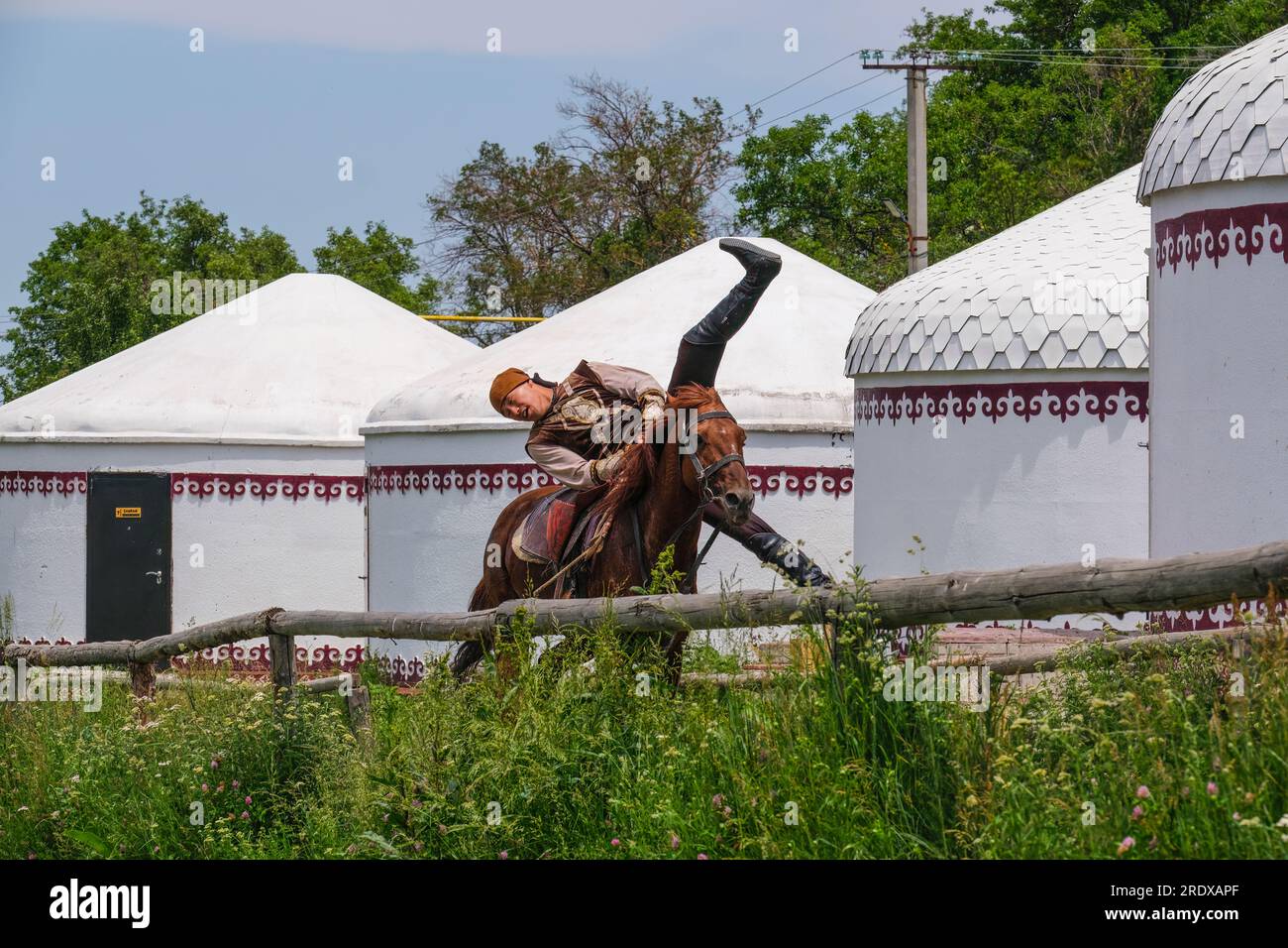 Kazakhstan, Huns Ethno Village. Demonstration of Traditional Kazakh Nomadic Riding Skill Stock ...