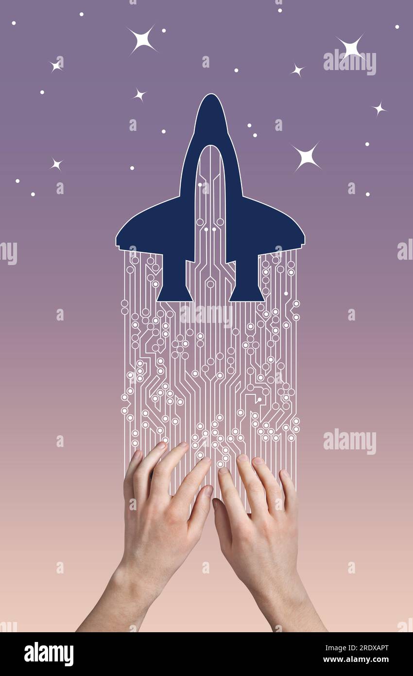Man using circuit board pattern to launch illustration of rocket on ...