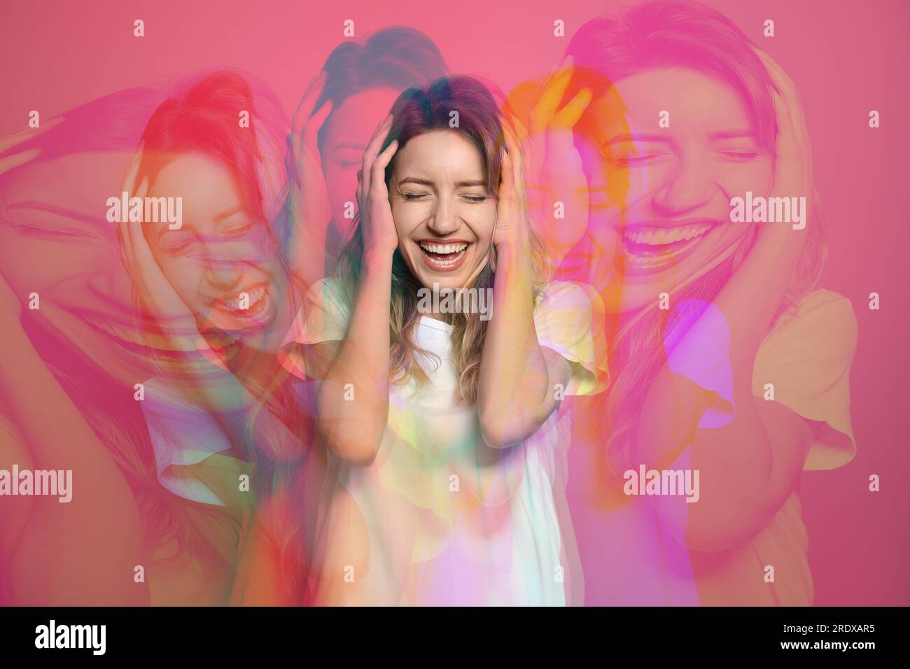 Psychedelic hallucinations. Woman in altered state of mind on pink ...