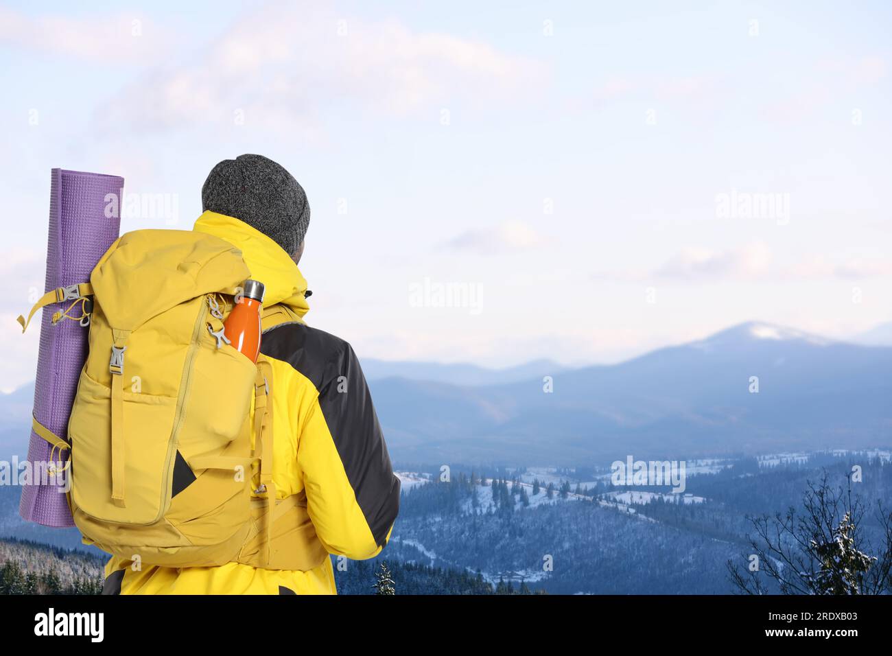 Tourist with backpack in mountains, back view Stock Photo - Alamy
