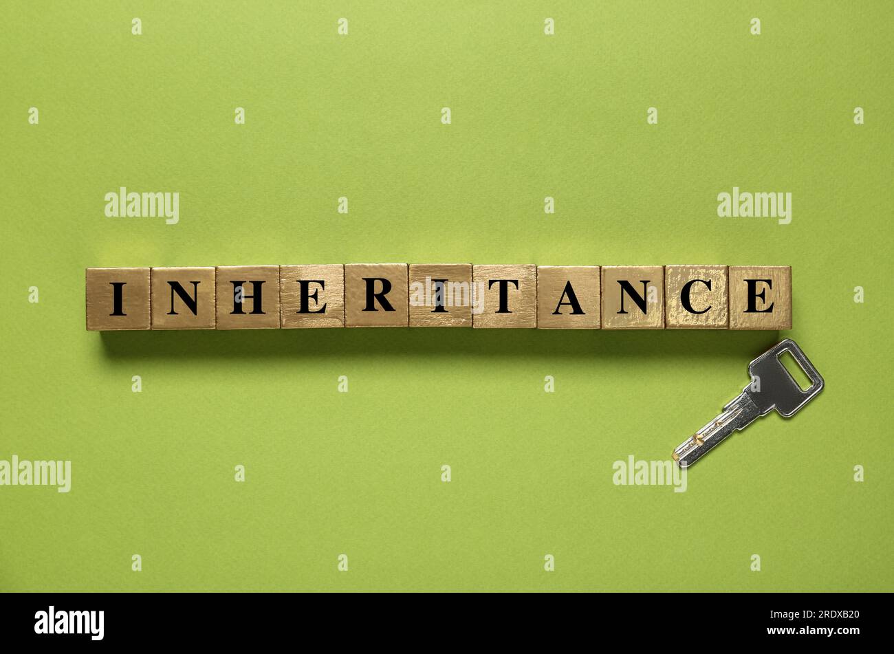 Word Inheritance made with cubes and key on light green background ...