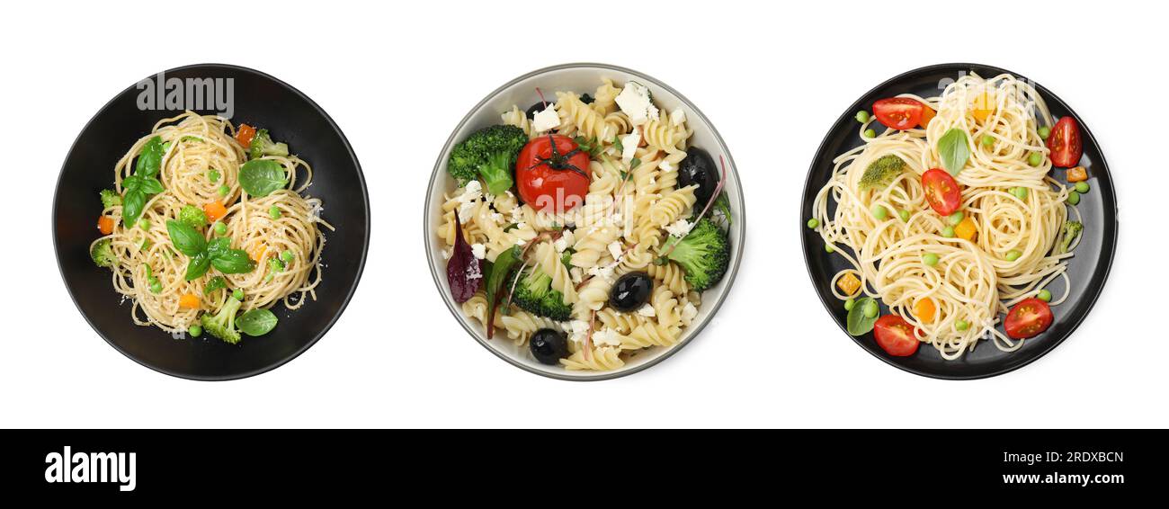 Set of different pasta dishes isolated on white, top view Stock Photo ...