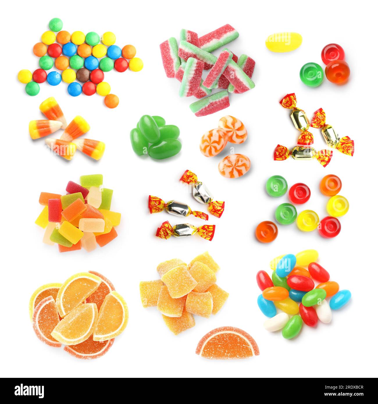 Collage with different sweet candies isolated on white Stock Photo - Alamy