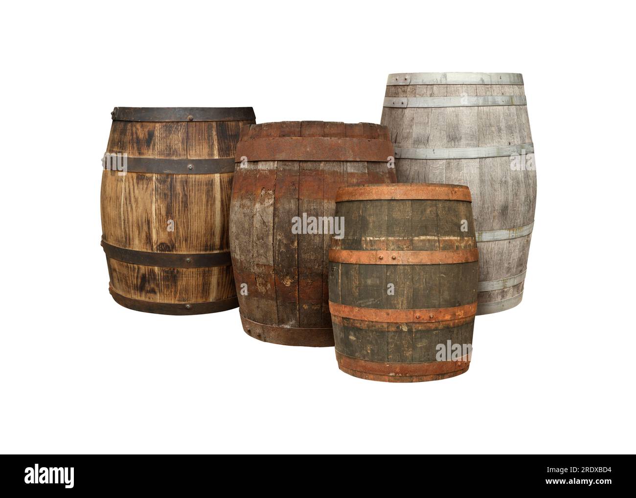 Many different wooden barrels on white background Stock Photo - Alamy