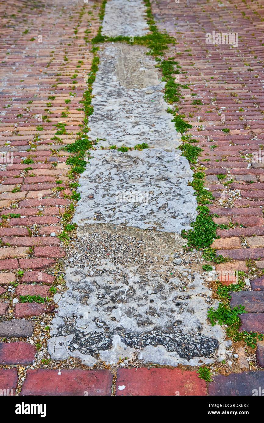 Vertical background asset red brick road with busted concrete middle ...
