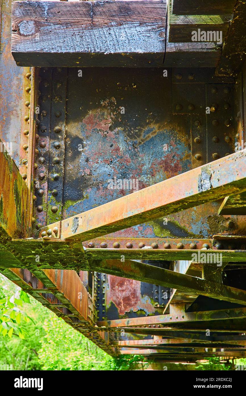 Underside of railroad bridge with green and yellow corrosion and blue rust damage Stock Photo ...
