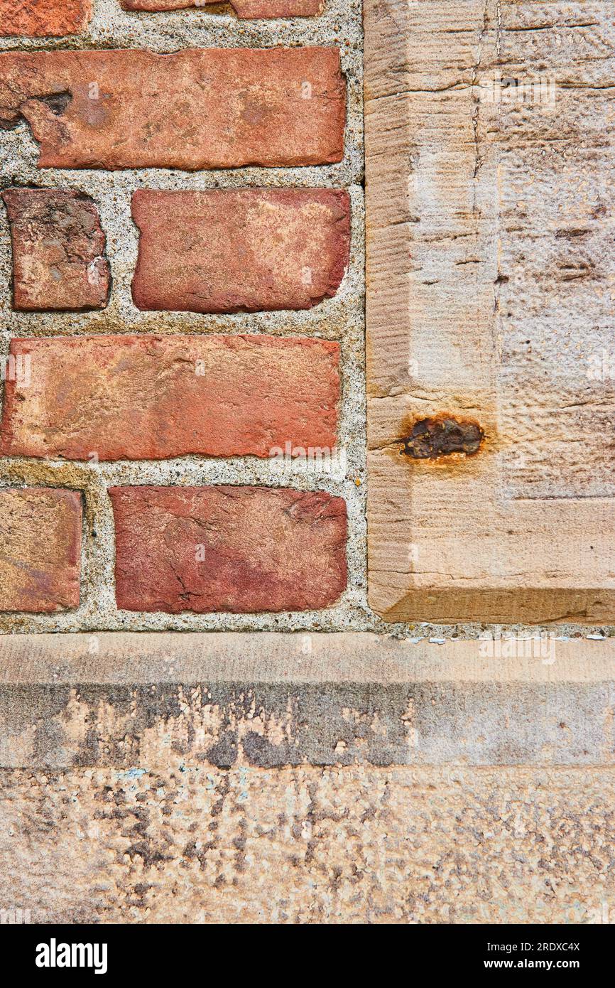Tan concrete blocks with rough texture on wall with red bricks ...