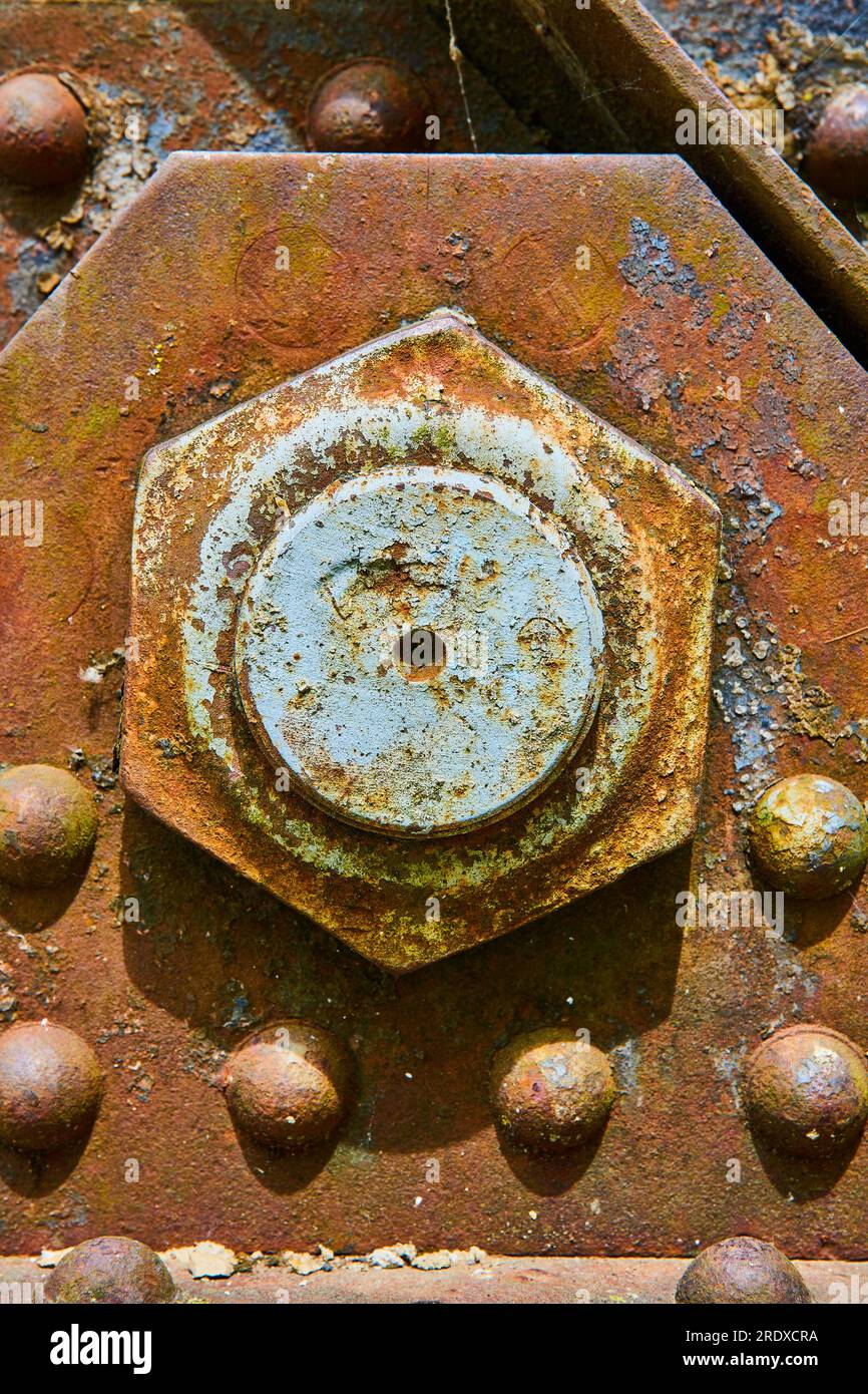 Background asset old rusty bright blue industrial bolt with rivets and ...
