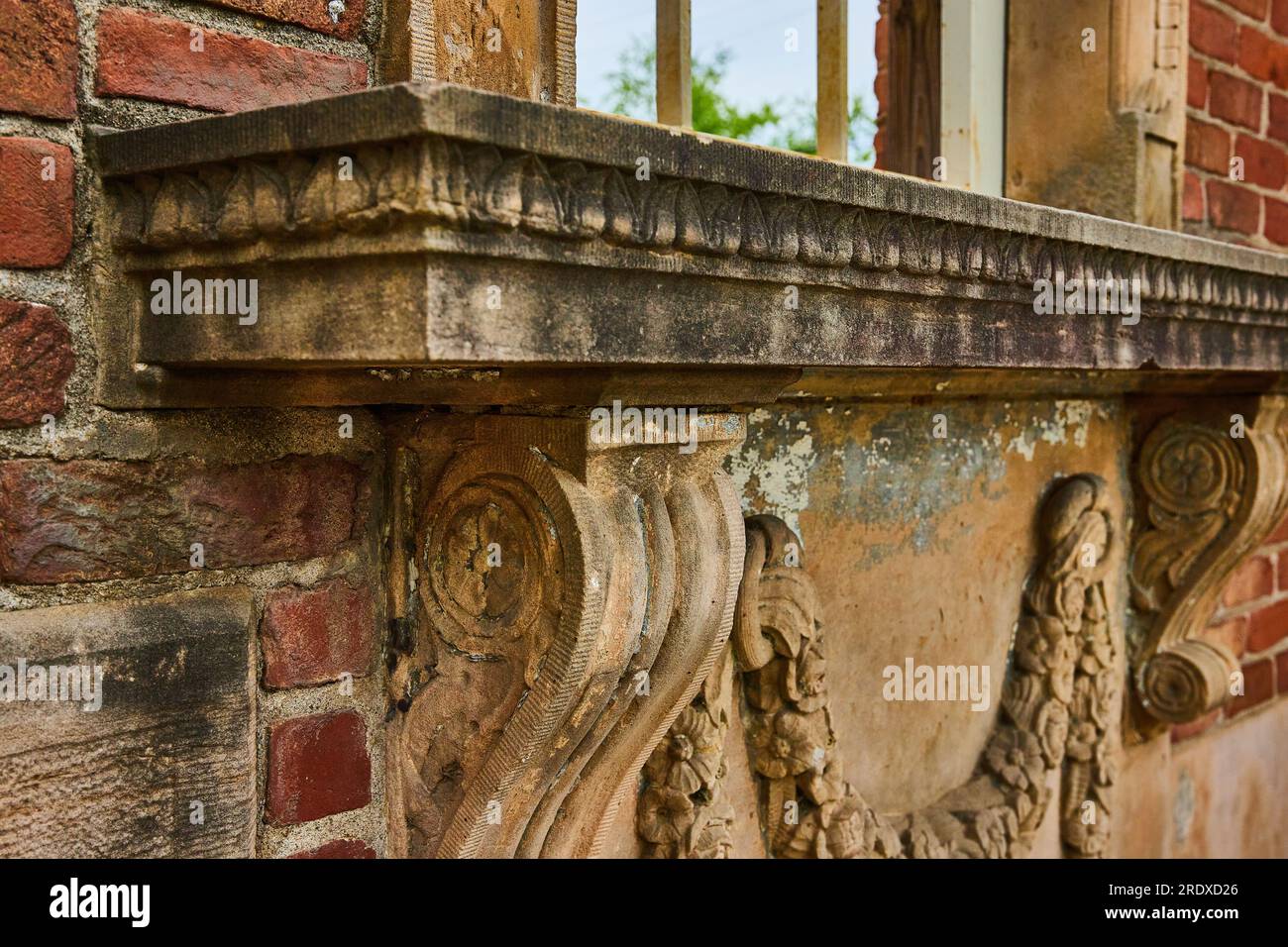 Abandoned run down old mansion called Heigold House Facade close up of ...