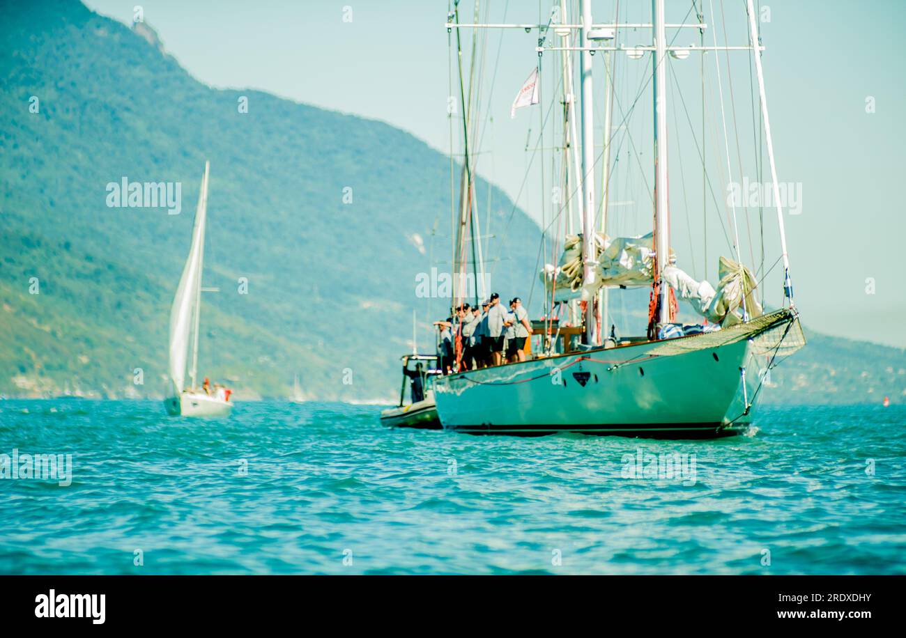 Ilhabela, Brazil. 23rd July, 2023. Boat parade in front of Vila pier ...