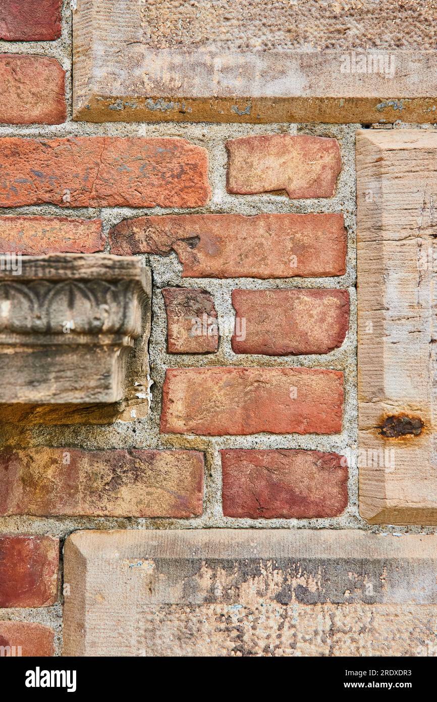 Various textures wall of mixed tan concrete blocks with faded red ...