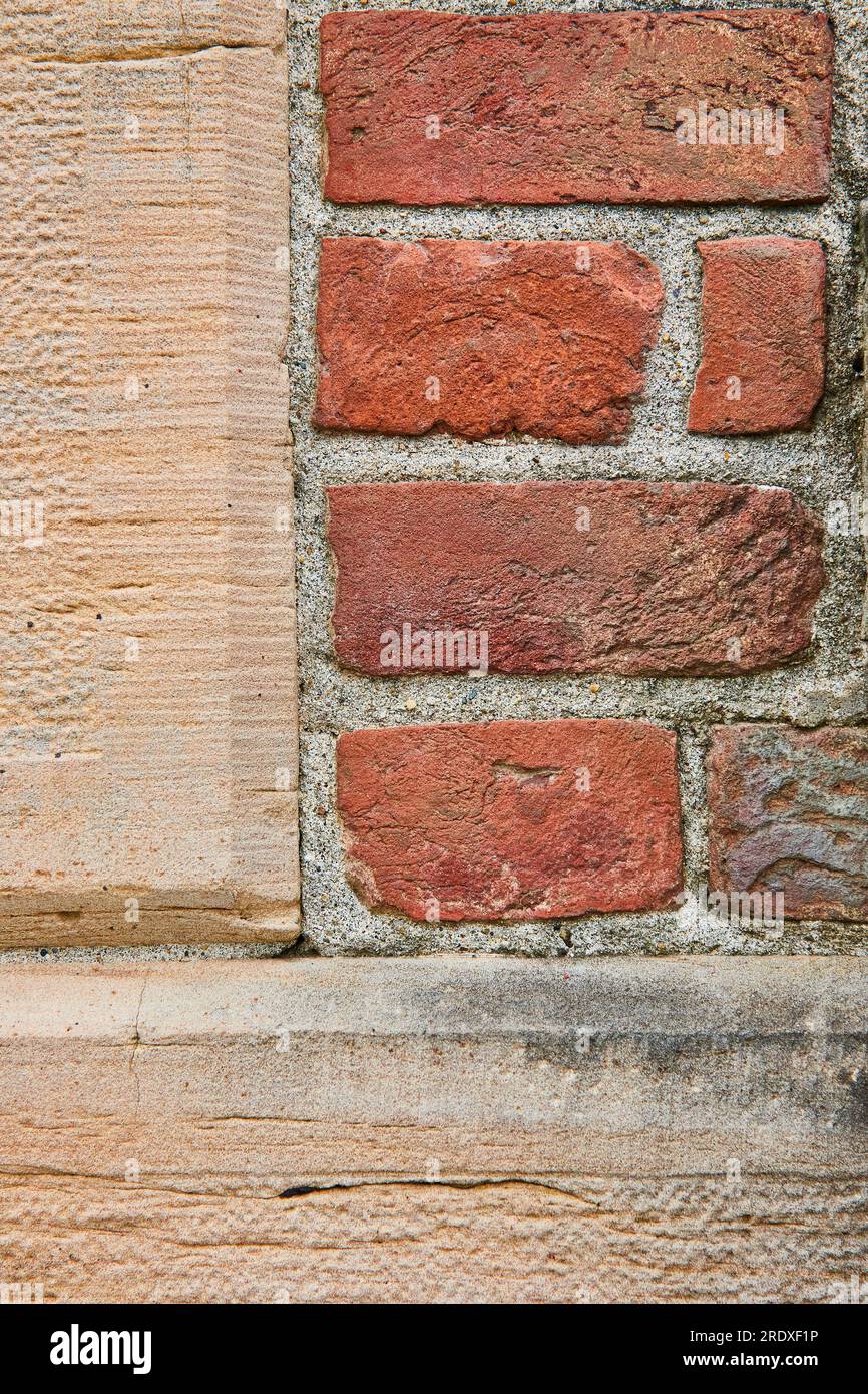Textured tan colored concrete wall with rectangular red brick section ...