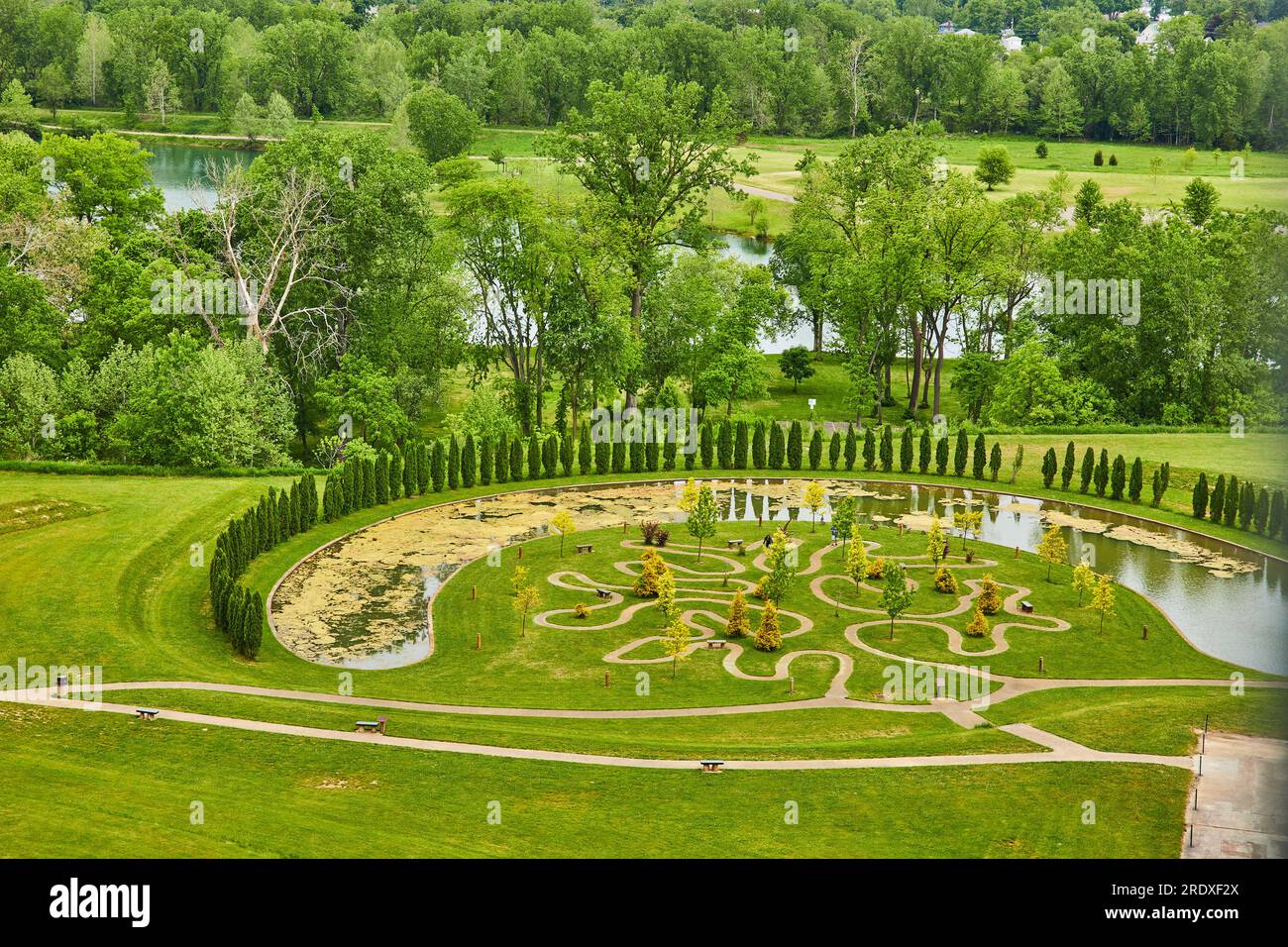 Aerial view Aerial Foundation Park with sidewalk tree path and curved ...