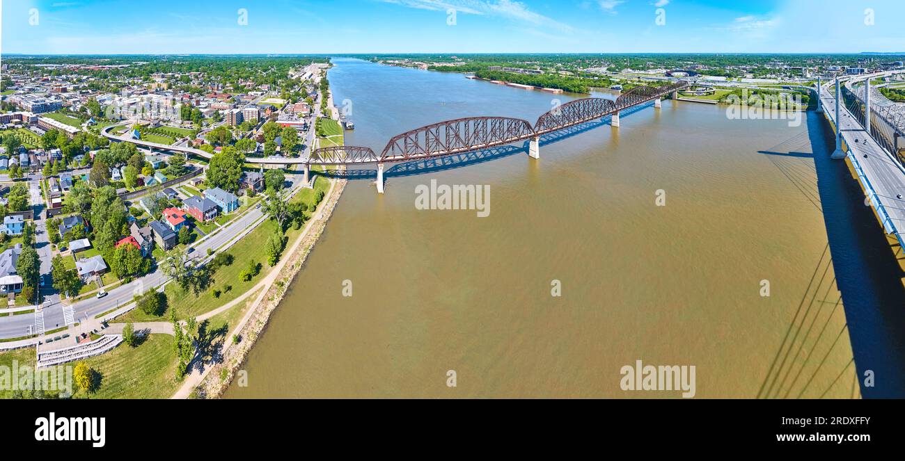 Panorama large river with suspension truss bridges both sides Ohio ...