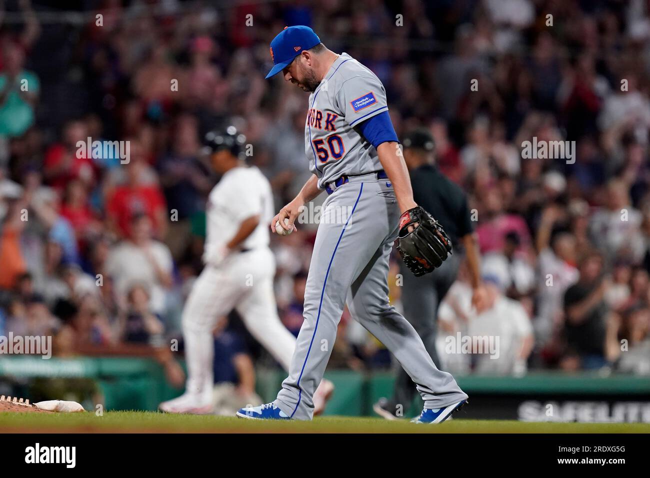 New York Mets' Dominic Leone (50) steps on the mound as Boston Red Sox ...