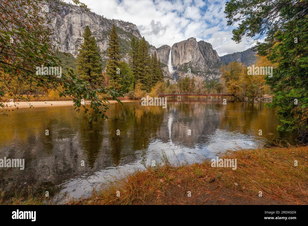 Upper Yosemite Fall and Merced River reflection, Yosemite National Park ...