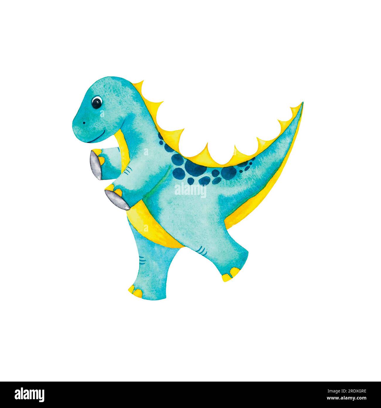 Cute Baby blue green and yellow watercolor Dinosaur running. Hand drawn ...