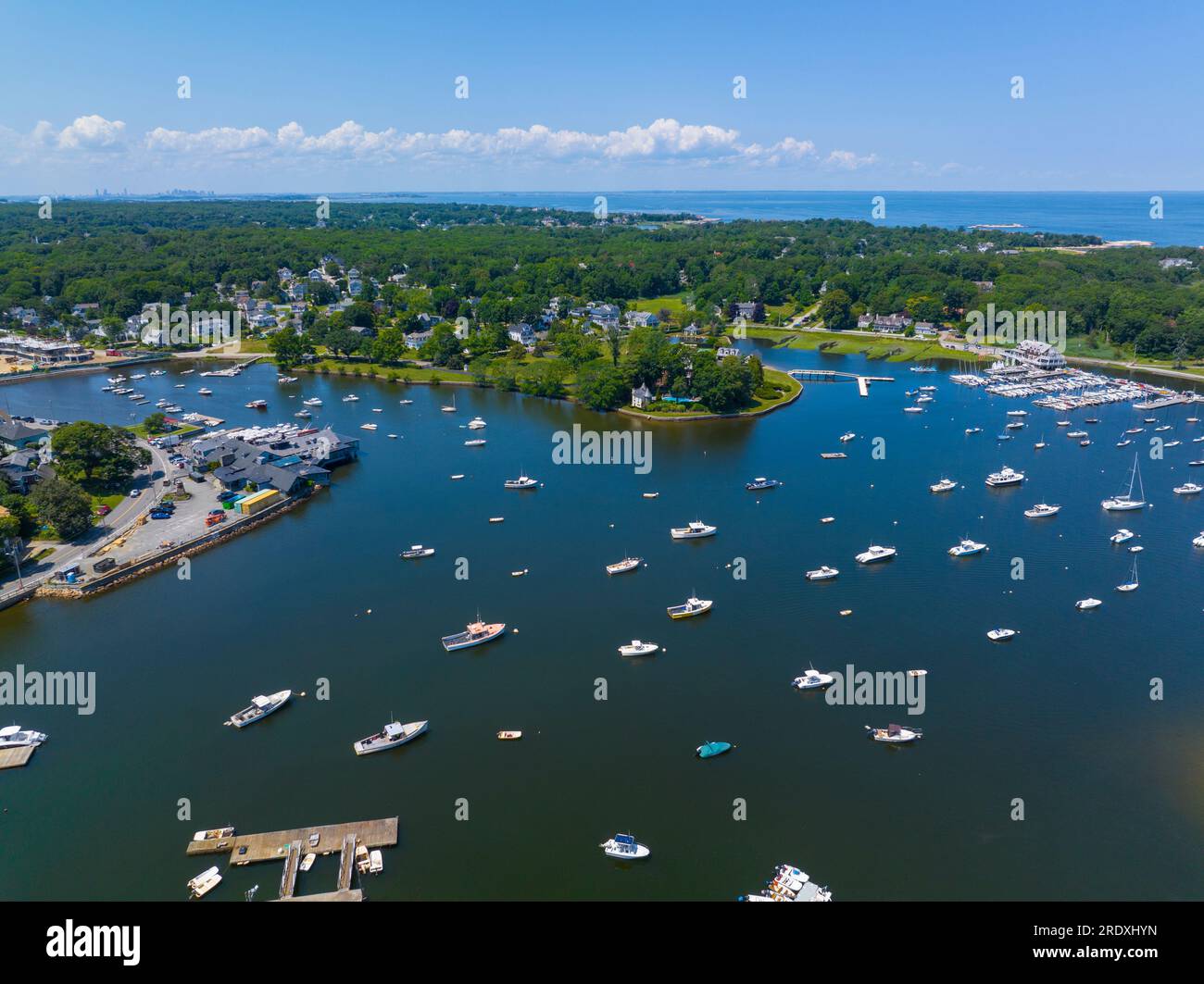 Cohasset Cove aerial view including fishing boat in the harbor in town ...