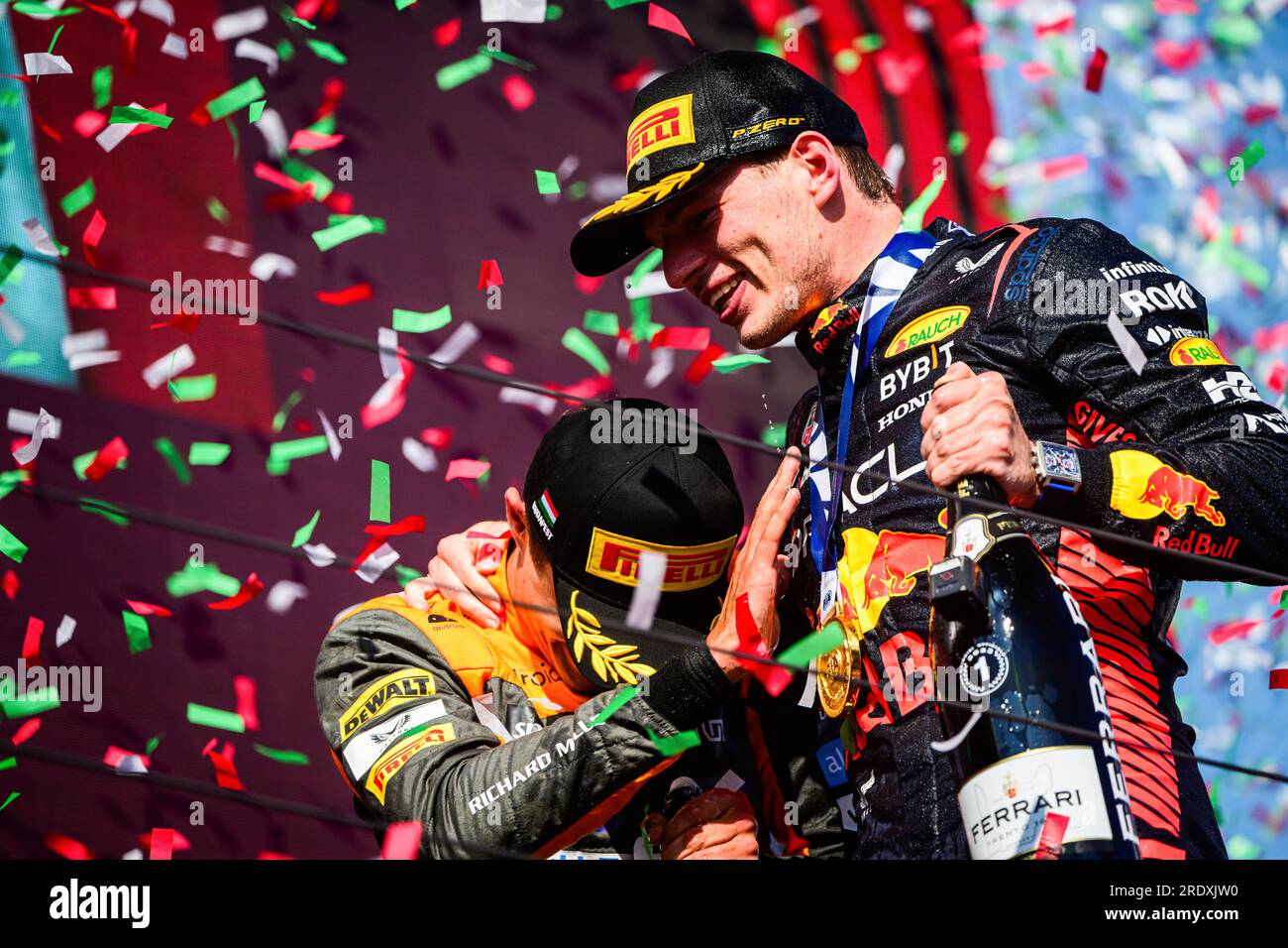 Budapest, Hungary. 23rd July, 2023. McLaren F1 Team's British driver Lando Norris (L) and Oracle ...