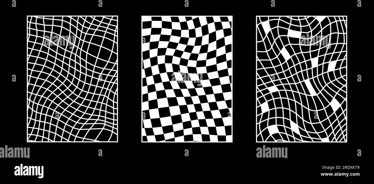 Set of distorted wireframe backgrounds. Abstract wavy checkerboard ...