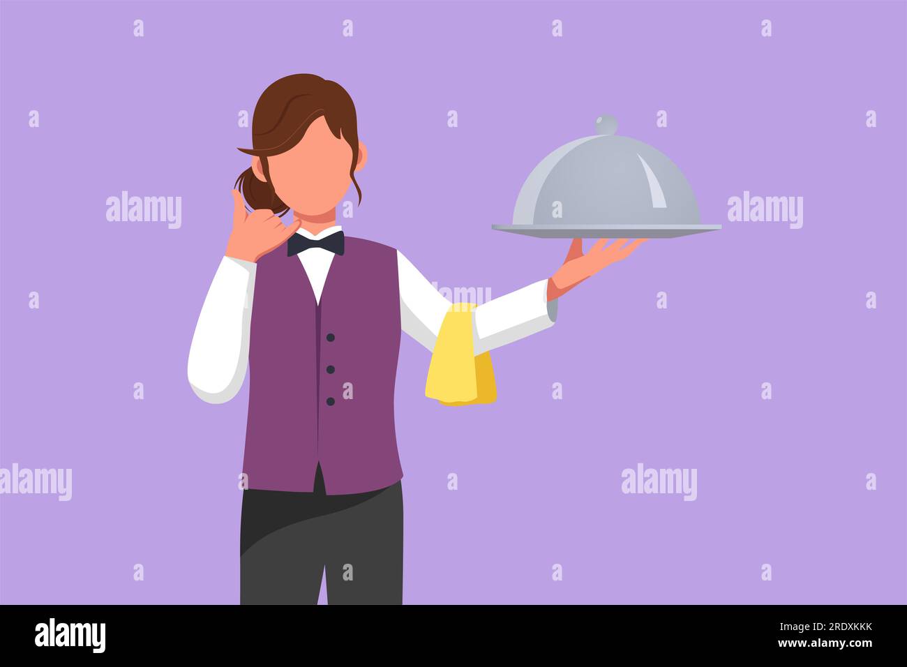 Cartoon flat style drawing cute waitress holding tray of delicious ...