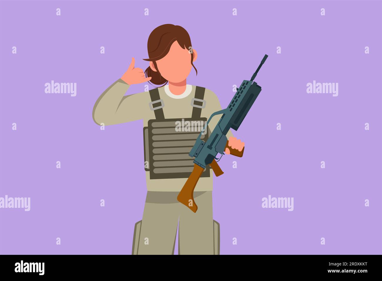 Cartoon flat style drawing of female soldier in uniform, holding weapon ...