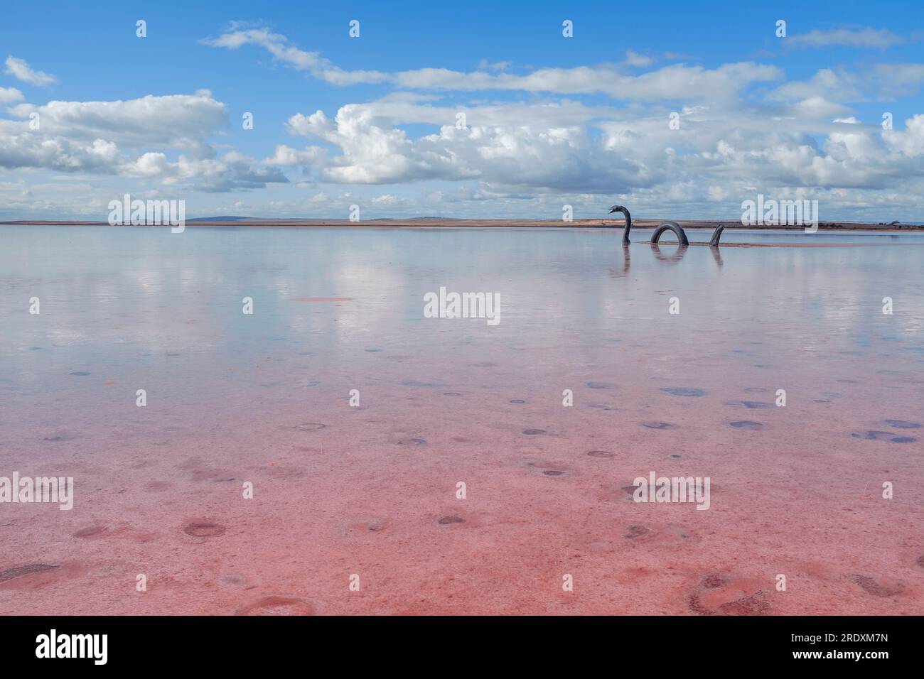 A sunny outback sky reflects in Lake Bumbunga, a pink salt lake in ...