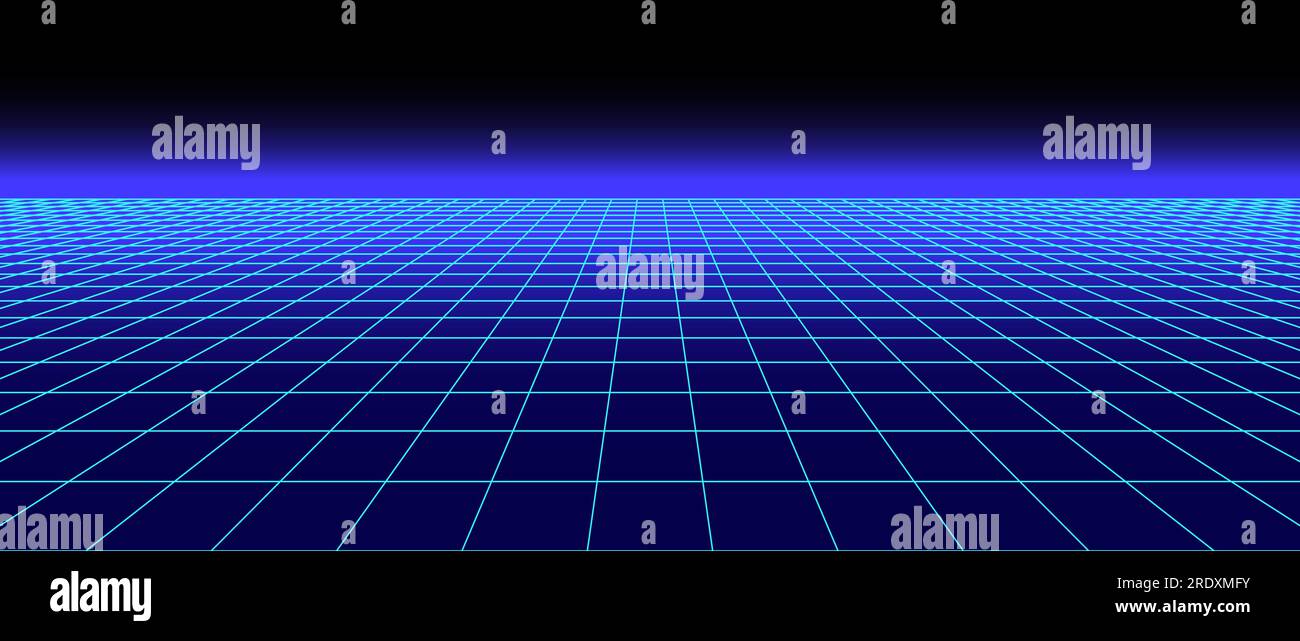 Retro futuristic grid background. Bright neon blue glowing tile floor in perspective. Lattice ...